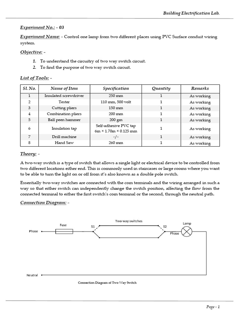 Lab - 03 - Control One Lamp From Two Different Places Using PVC Surface Conduit Wiring System ...