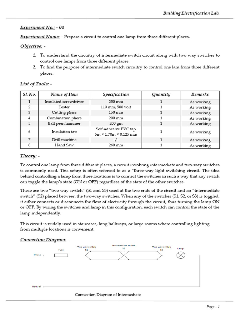 Lab - 04 - Prepare A Circuit To Control One Lamp From Three Different ...