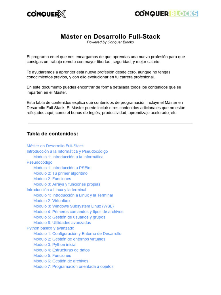Temario Del Máster en Desarrollo Full-Stack - Conquer Blocks | PDF ...