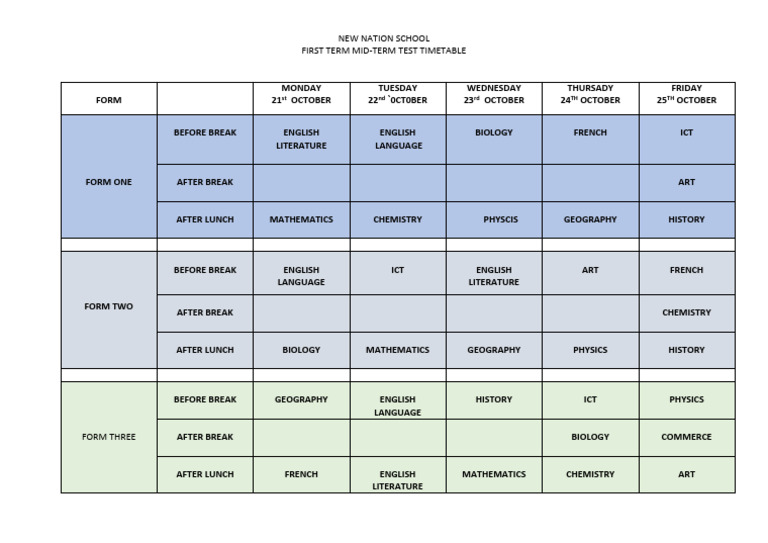 T1 Test Timetable For Lower Secondary 25 | PDF