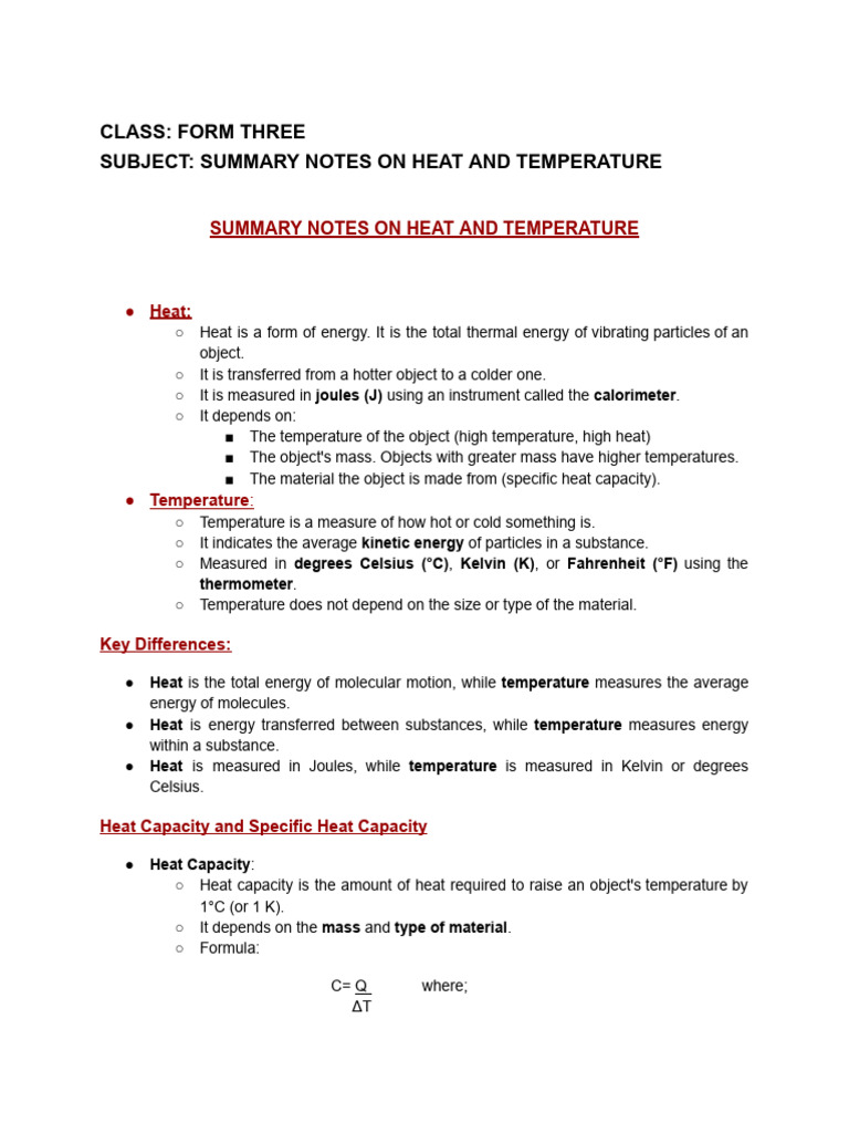 Heat and Temperature Summary Notes | PDF | Temperature | Heat Capacity
