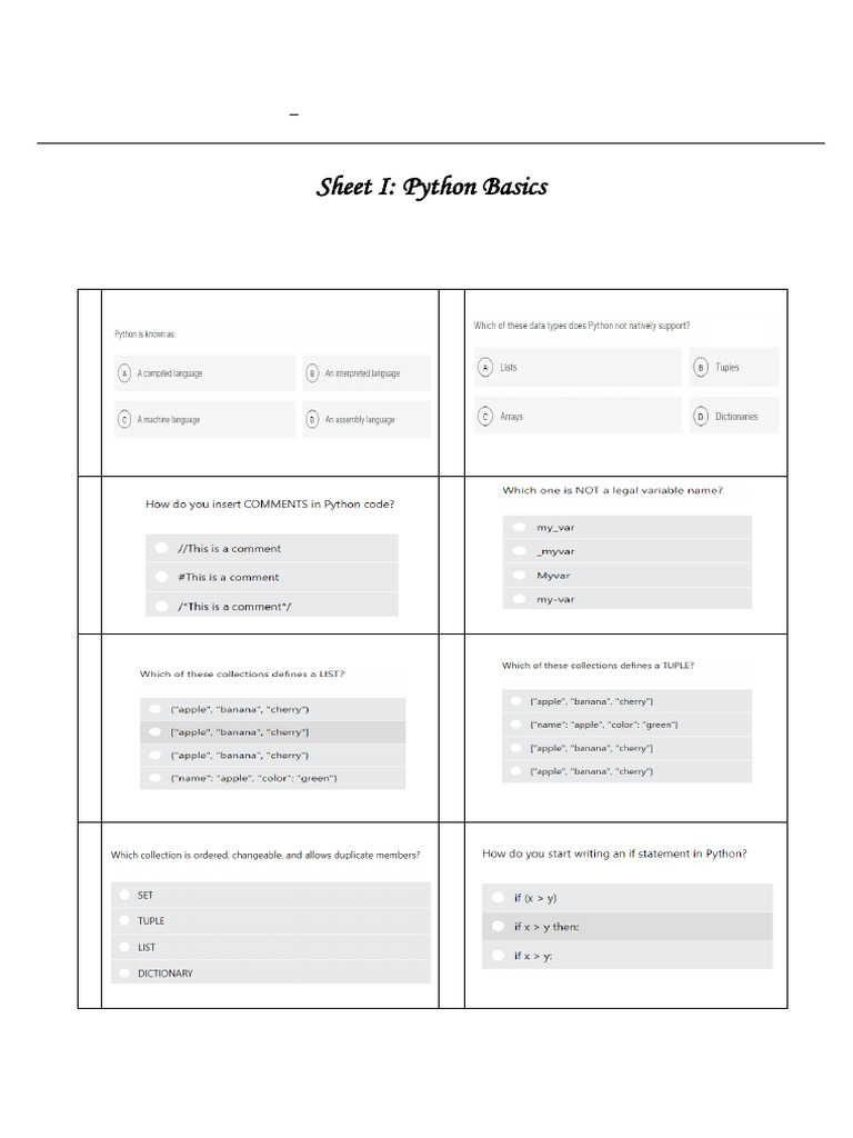 Sheet I: Python Basics: 1. Choose The Correct Answer | PDF