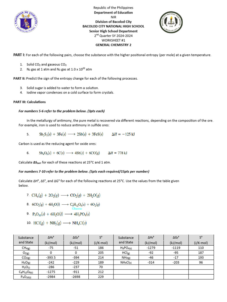 Q2 Worksheet 1 Spontaneity and Entropy | PDF | Chemical Reactions | Water