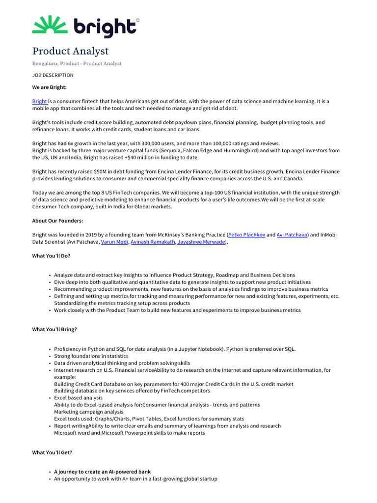 Product Analyst - Job Description | PDF | Microsoft Excel | Data Science