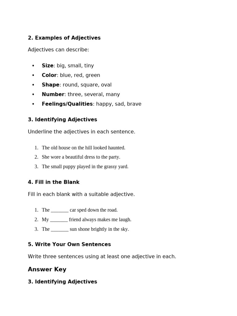 Examples of Adjectives: Answer Key | PDF