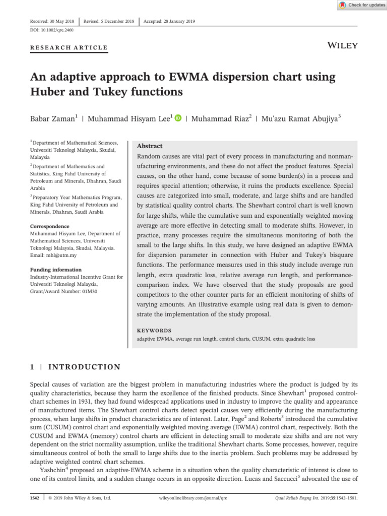 Adaptive Approach To EWMA Dispersion Chart Using Huber and Tukey Functions | PDF | Variance ...