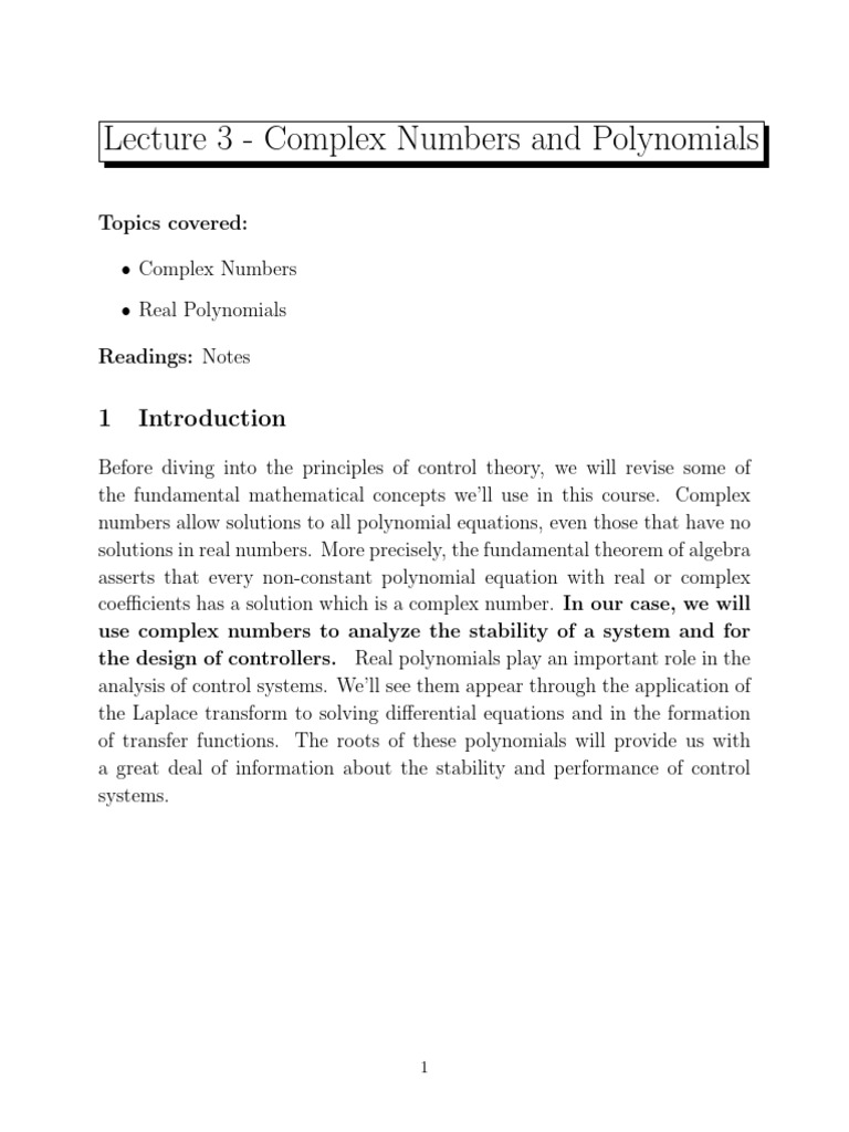 Lecture3 Complex Numbers and Polynomials 2024-1 | PDF | Complex Number ...