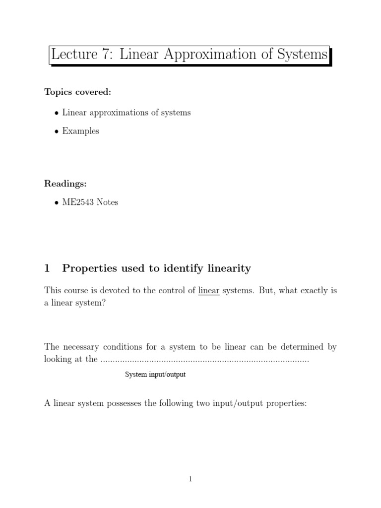 Lecture7 Linear Approx of Sys 2024 | PDF | Linearity | Nonlinear System