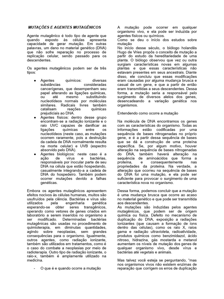 Agentes Mutagênicos e suas Efeitos | PDF | Mutação | Mutagênico