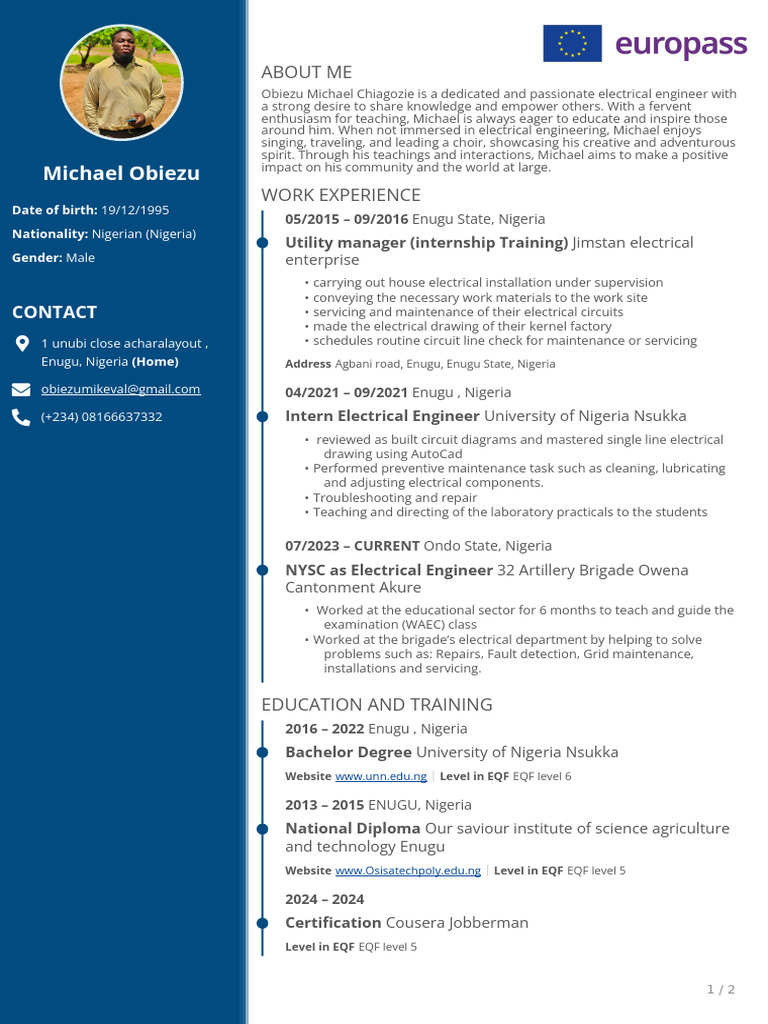 Obiezu Michael Europass Professional CV | PDF