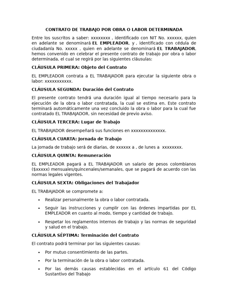 Minuta de Contrato de Trabajo Por Obra o Labor | PDF | Salario