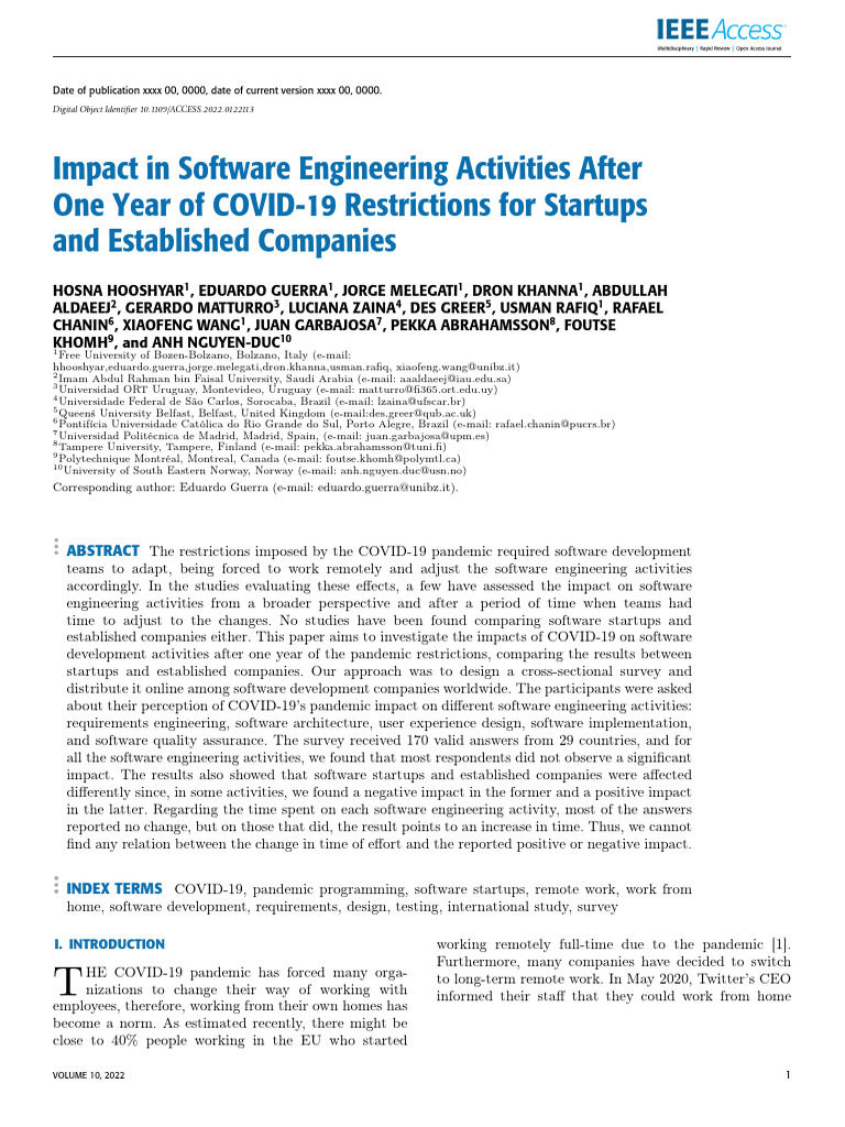 Impact in Software Engineering Activities After On | PDF | Startup ...