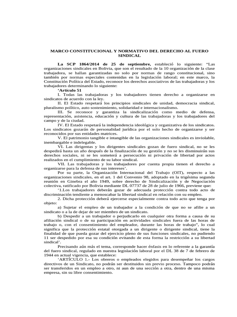 Marco Constitucional y Normativo Del Derecho Al Fuero Sindical | PDF | Sindicato | Derecho laboral