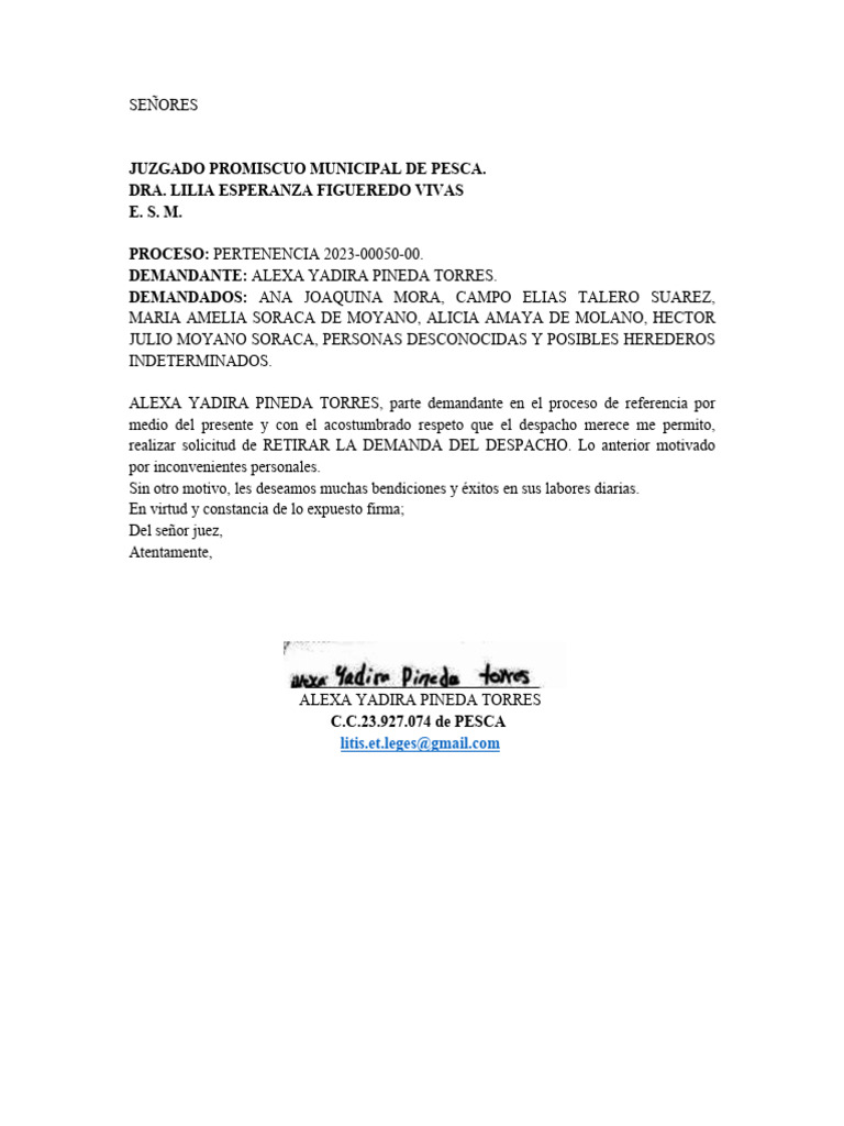 Memorial Retiró Demanda Alexa Yadira Pineda PDF | PDF