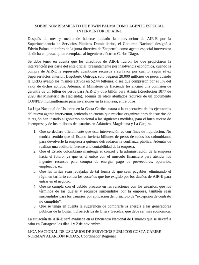 Nombramiento de Edwin Palma en AIR-E | PDF | Business | Economias