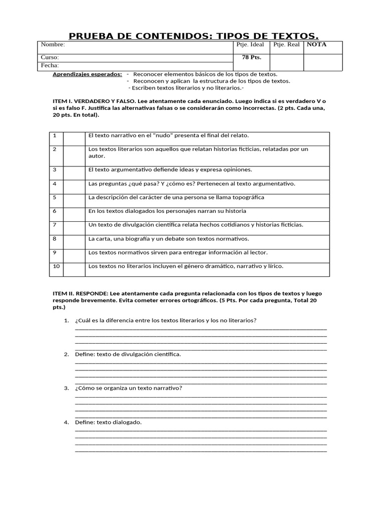 PRUEBA Tipos de Textos | PDF | Estudios de idiomas extranjeros ...