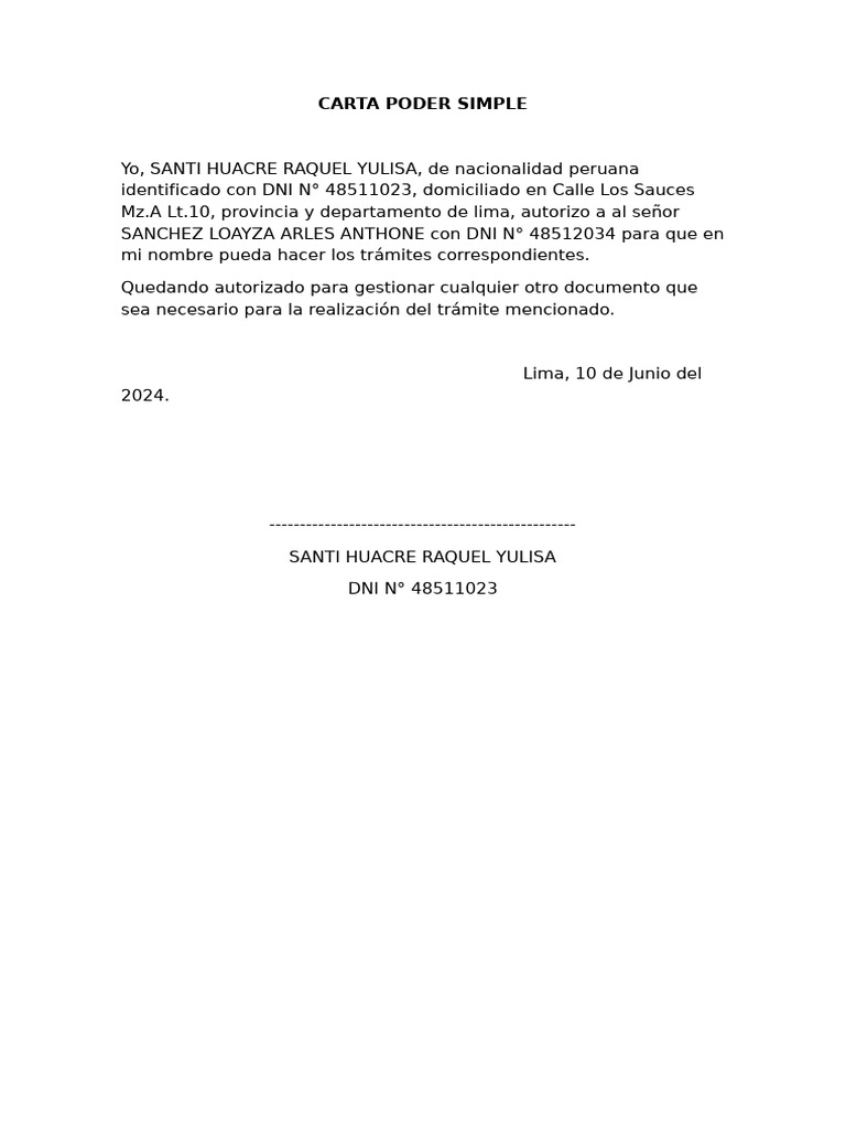 Carta Poder Simple en Lima 2024 | PDF