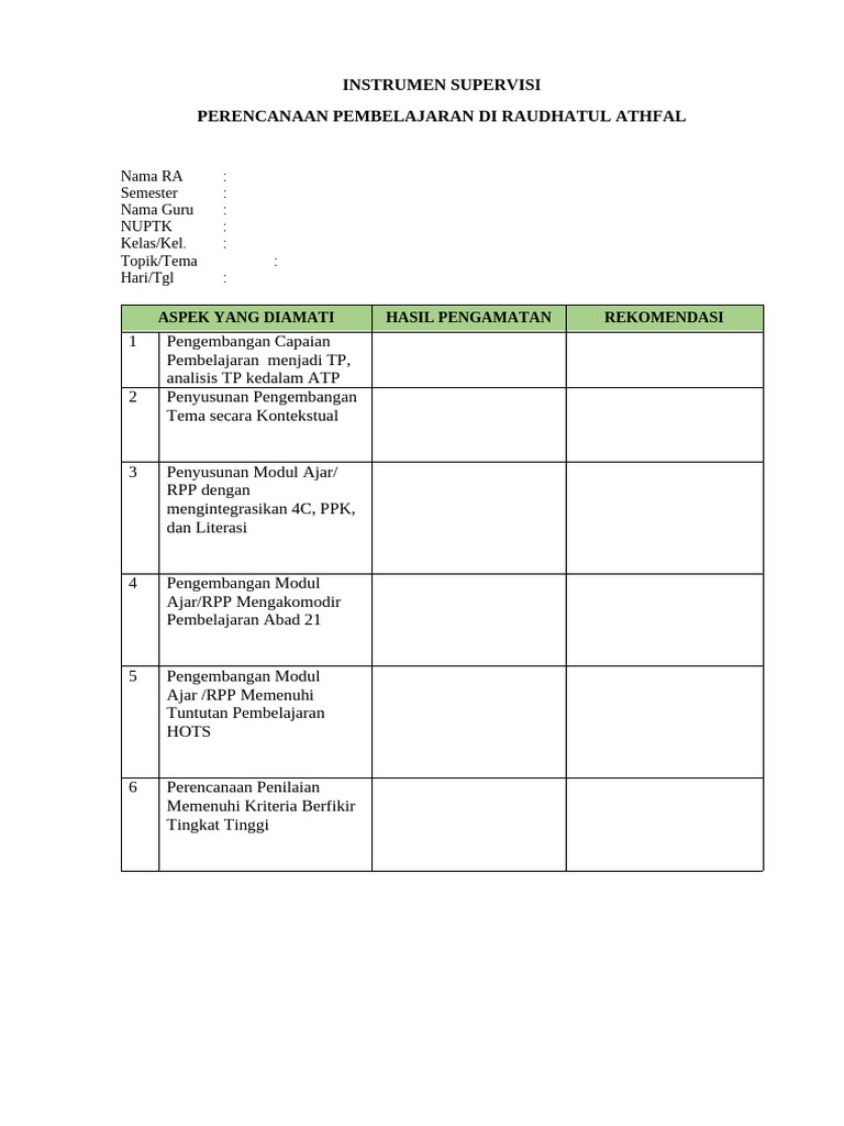 Contoh Template INSTRUMEN SUPERVISI PEMBELAJARAN RA | PDF