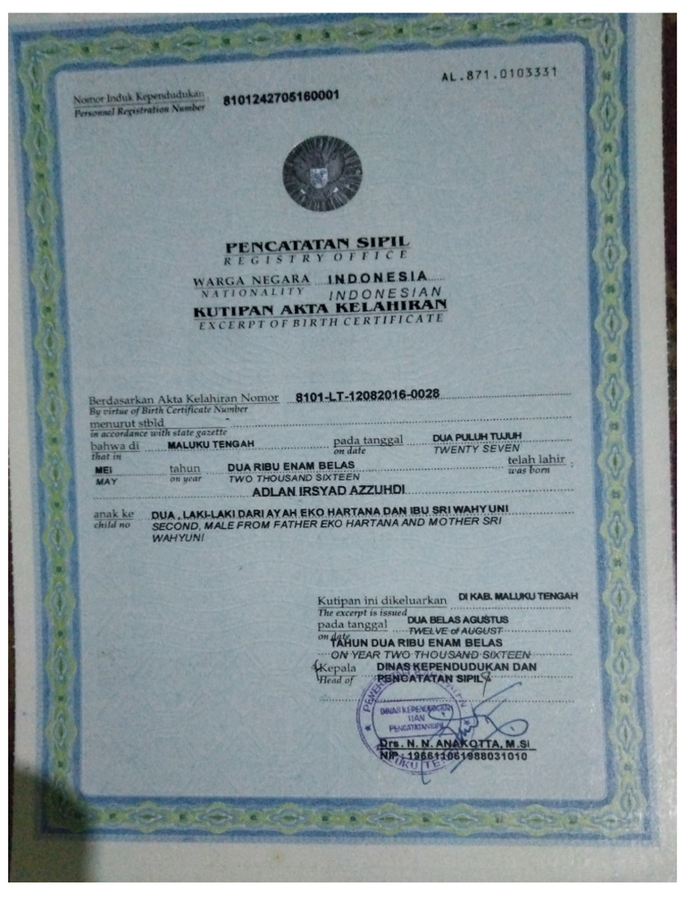 Akte Kelahiran Irsyad | PDF