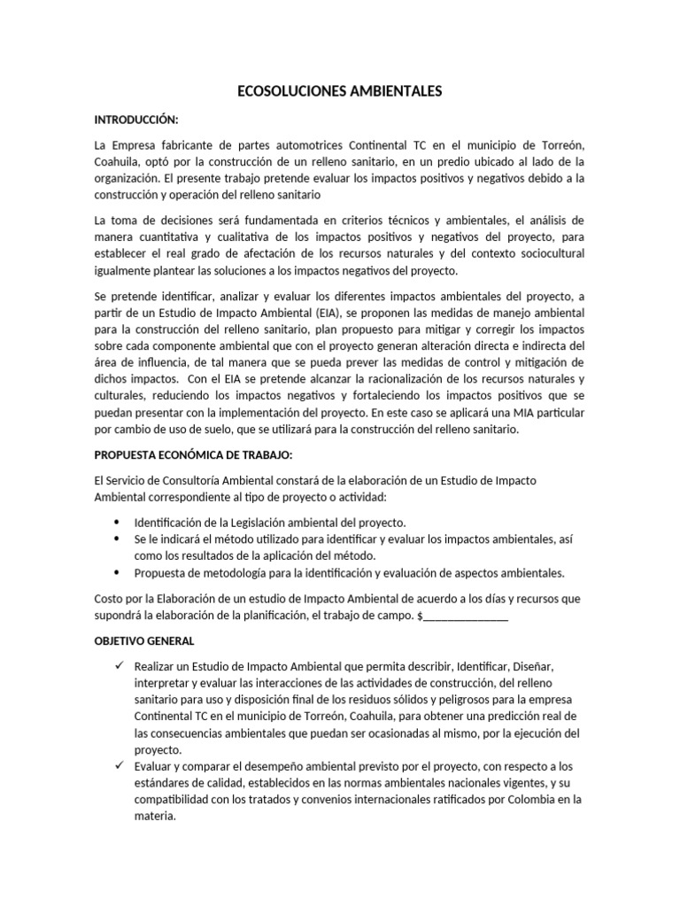 ECOSOLUCIONES AMBIENTALES Proyecto Final | PDF | Vertedero | Evaluación de impacto ambiental