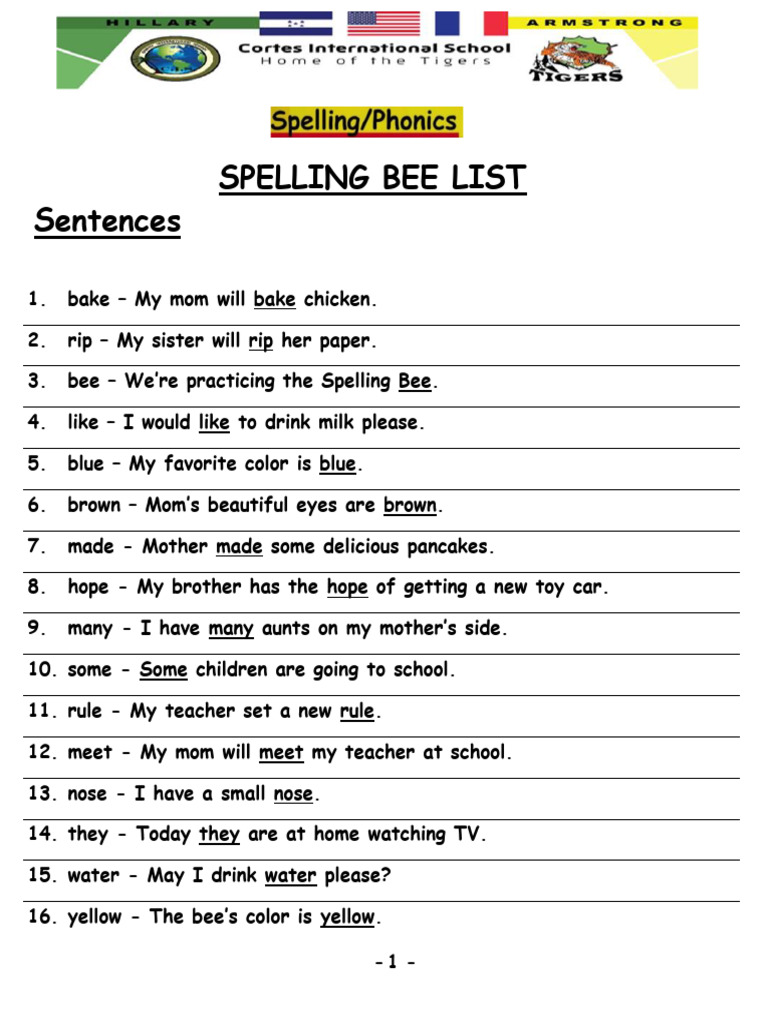 Spelling Bee Sentences for Kids | PDF | Cooking, Food & Wine | Home ...