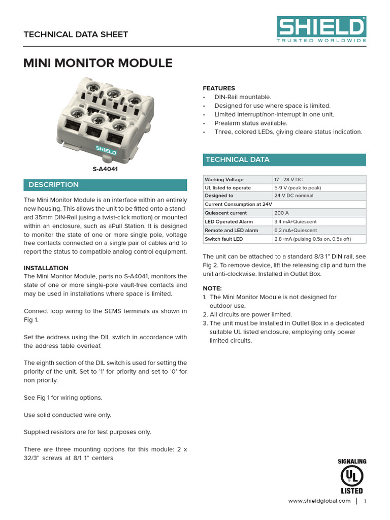 Mini Monitor Module Technical Data Sheet | PDF | Resistor | Equipment