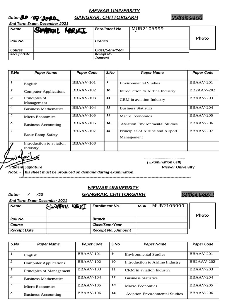 TEMP ADMIT CARD Form BBA Aviation | PDF | Science