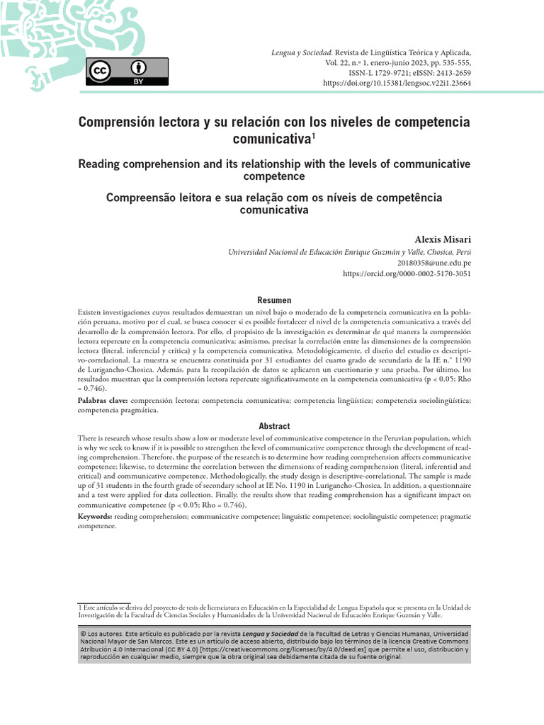 Comprensión Lectora y Su Relación Con Los Niveles de Competencia | PDF | Comprensión lectora ...