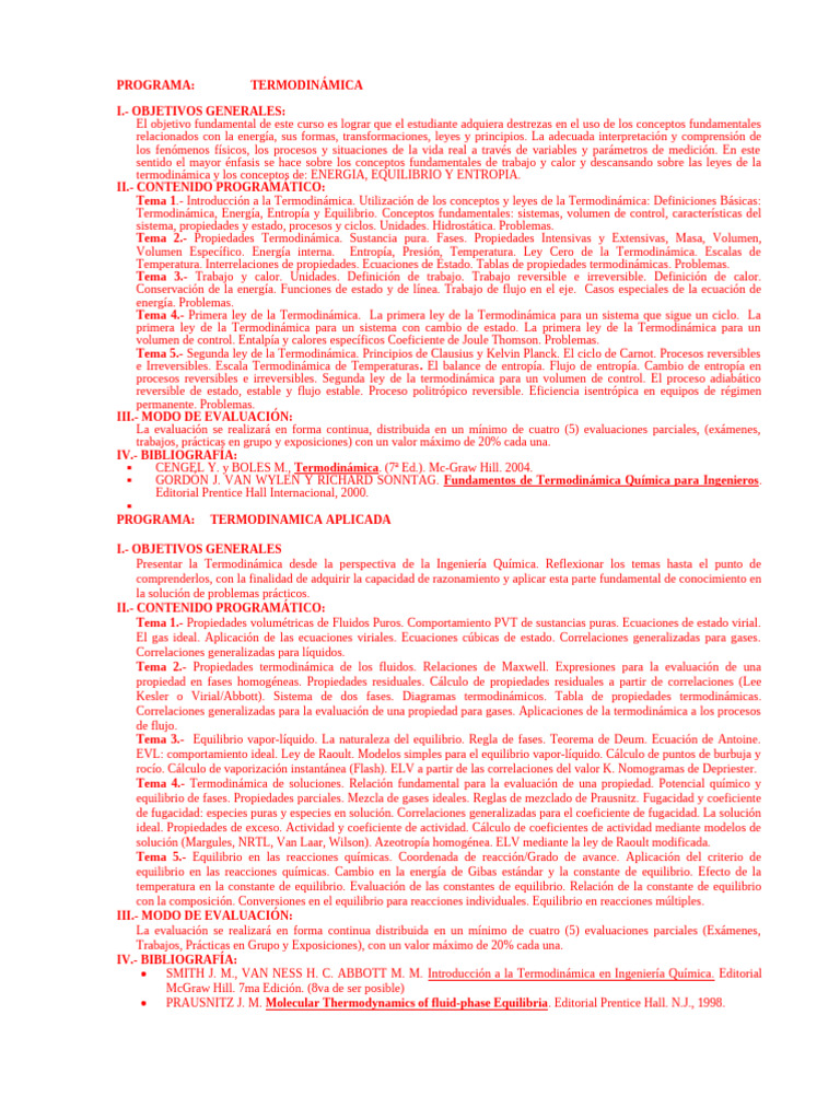 Programas Revisados y Modificados | PDF | Termodinámica | Equilibrio químico