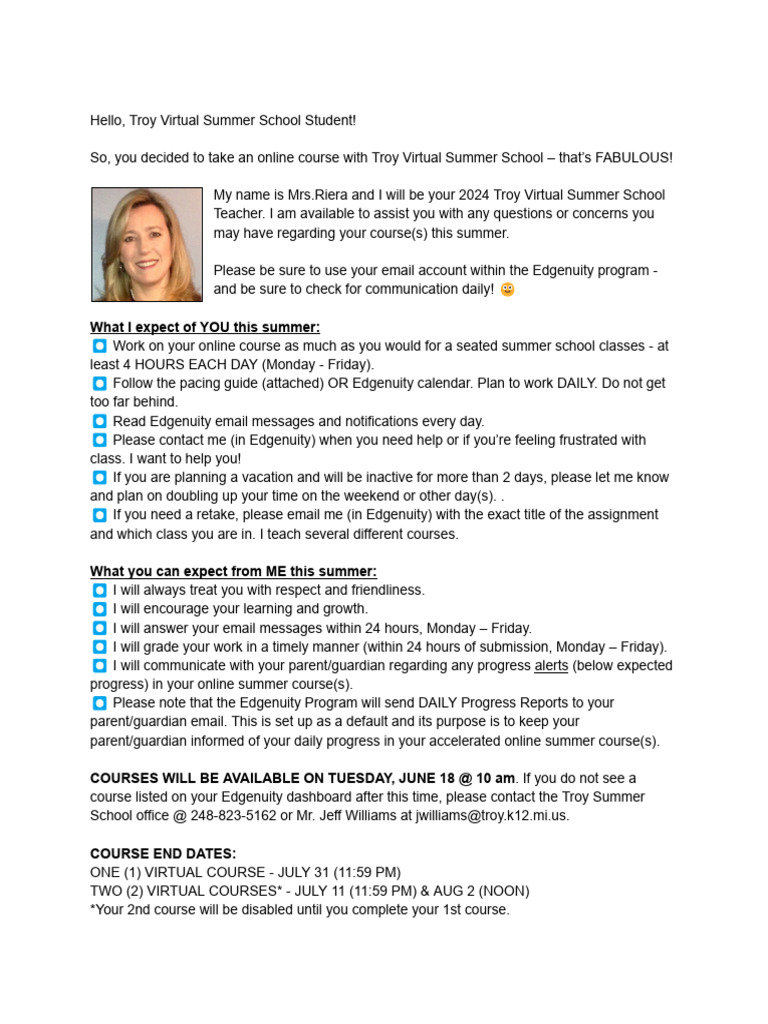 WELCOME From Mrs. Riera & 2024 Pacing Calendar! | PDF