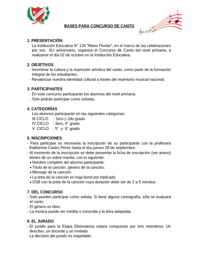 Bases Del Concurso de Canto | PDF | Canciones