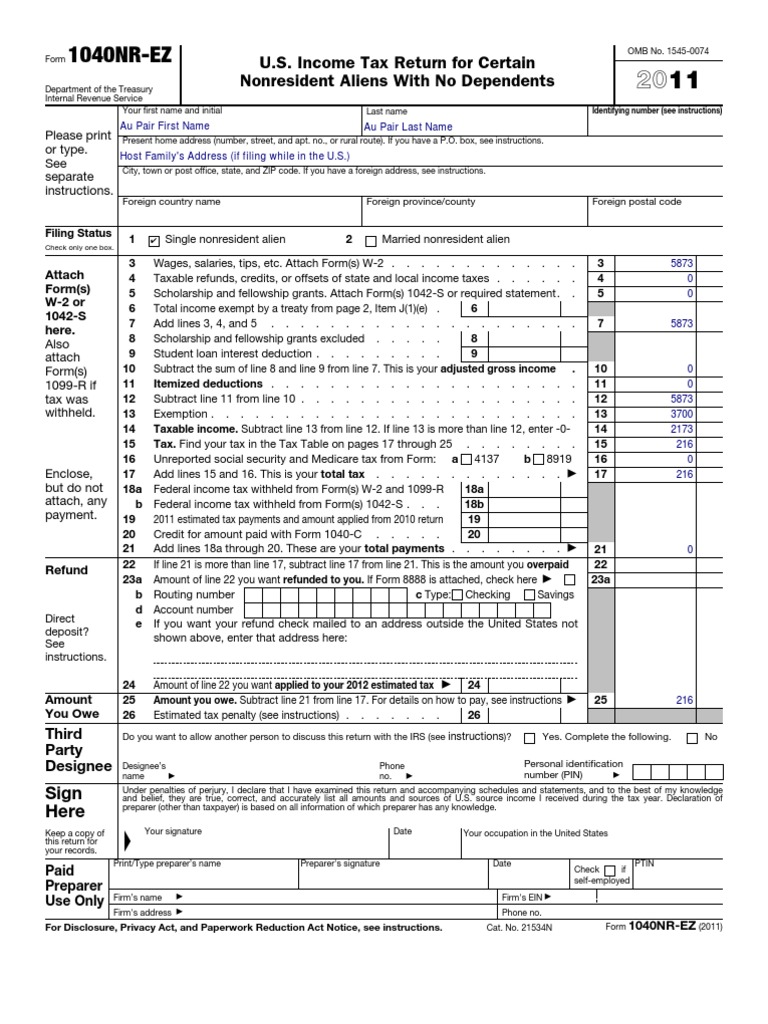 2011 1040NR-EZ Form - Sample | PDF | Income Tax In The United States ...