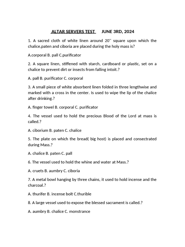 Altar Servers Test | PDF | Religious Rituals | Sacraments