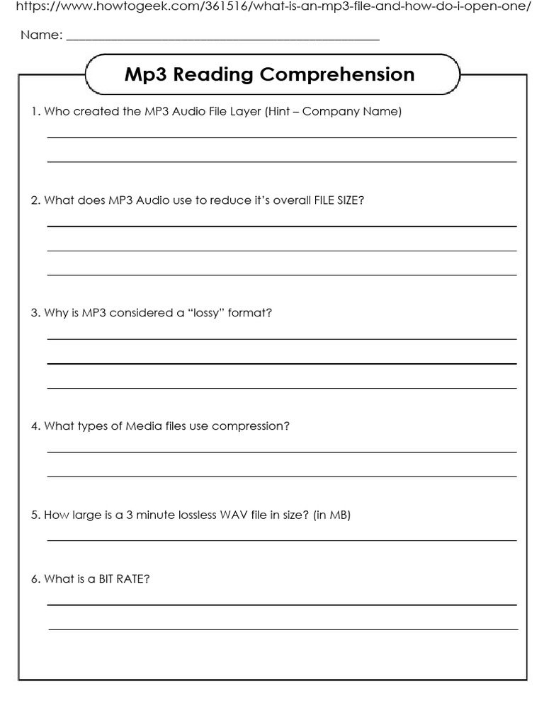 Digital Music Technology - Mp3 Reading Comprehension Worksheet | PDF