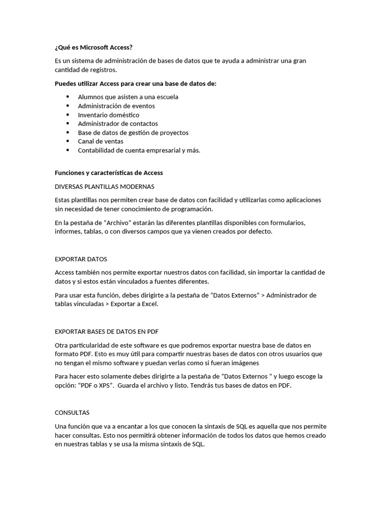 Funciones Clave de Microsoft Access | PDF | Bases de datos | Visual Basic para Aplicaciones