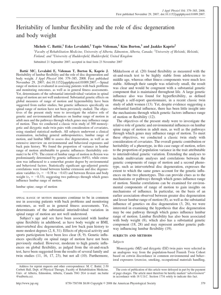 Battié MC, Heritability of Lumbar Flexibility and the Role of Disc Degeneration and Body Weight ...