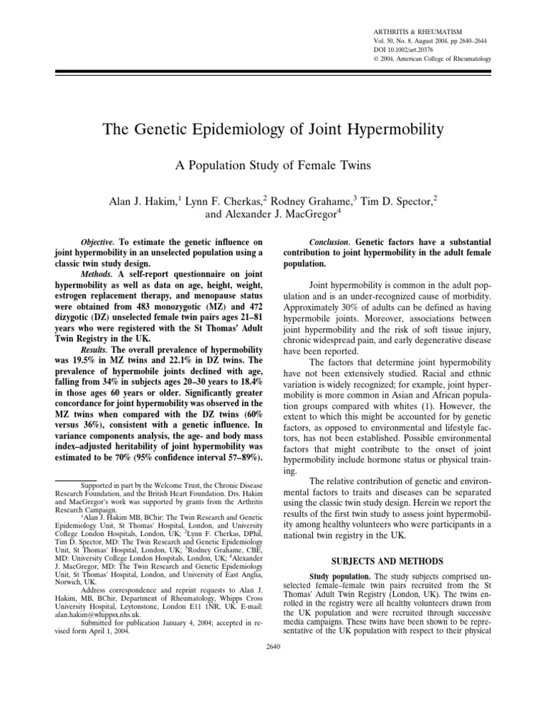 Hakim AJ, 2004. The Genetic Epidemiology of Joint Hypermobility | PDF ...