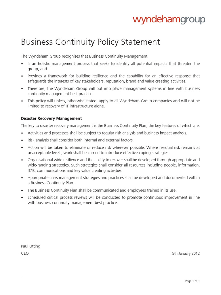 WPG Business Continuity Policy | PDF