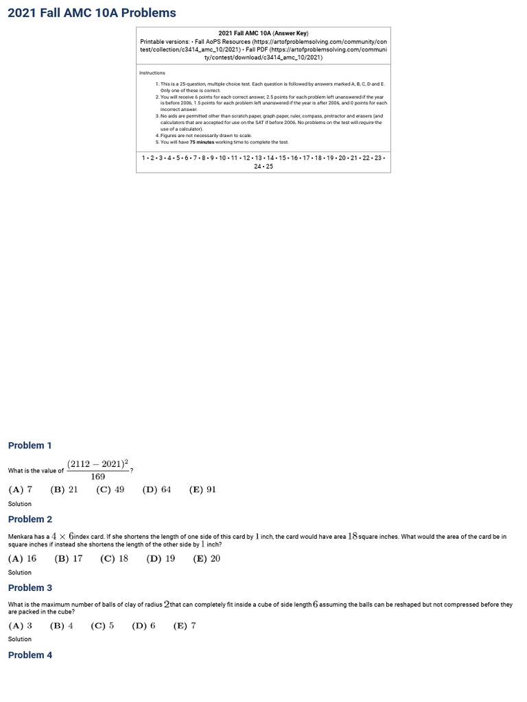 2021 Fall AMC 10A Problems | PDF | Sphere | Quadratic Equation