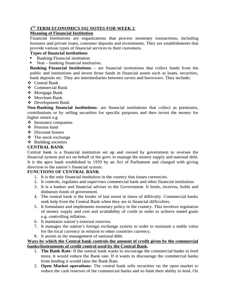 1st Term Economics Ss2 Notes For Week 2. | PDF | Banks | Central Banks