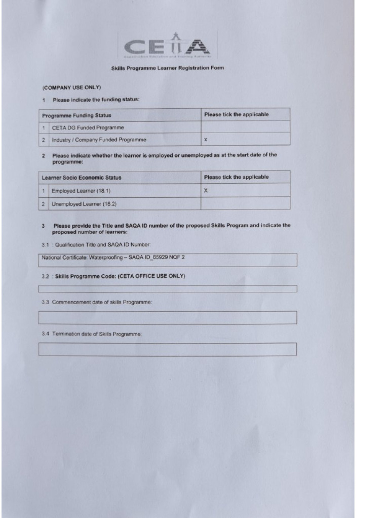 Learner Registration Form Completed. (Sills Programme and ...