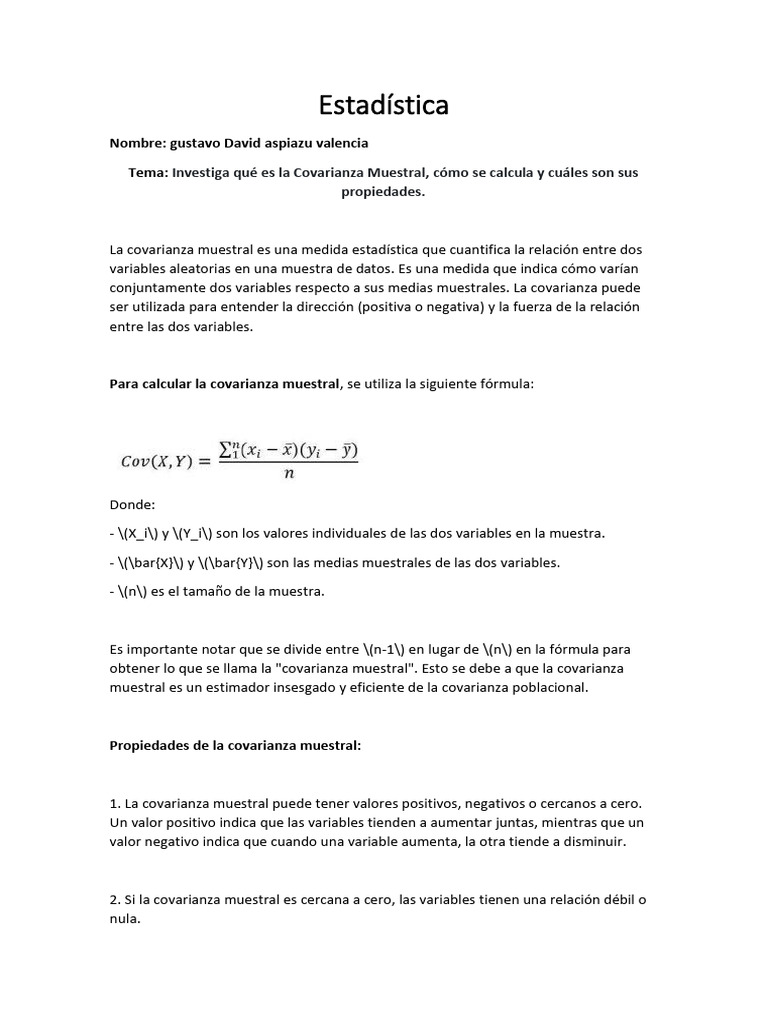 Estadística - Investigacion de Covarianza - Gustavo-Aspiazu | PDF | Covarianza | Teoría de ...