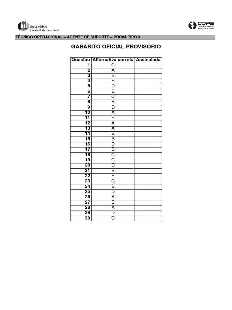 Gabarito Provisório Prova Tipo 3 | PDF
