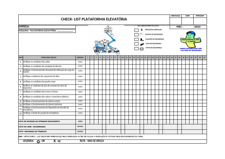 Check List - Plataforma Elevatória - Modelo | PDF
