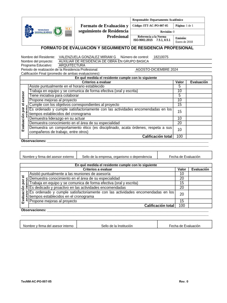 Itt-Ac-Po-007-05 Formato de Evaluación y Seguimiento de Residencia Profesional | PDF ...