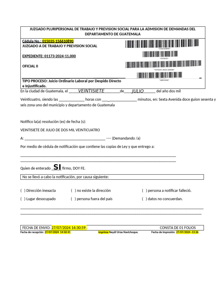 Cedula de Notificacion Demandando JC | PDF | Finanzas y administración del dinero | Derecho