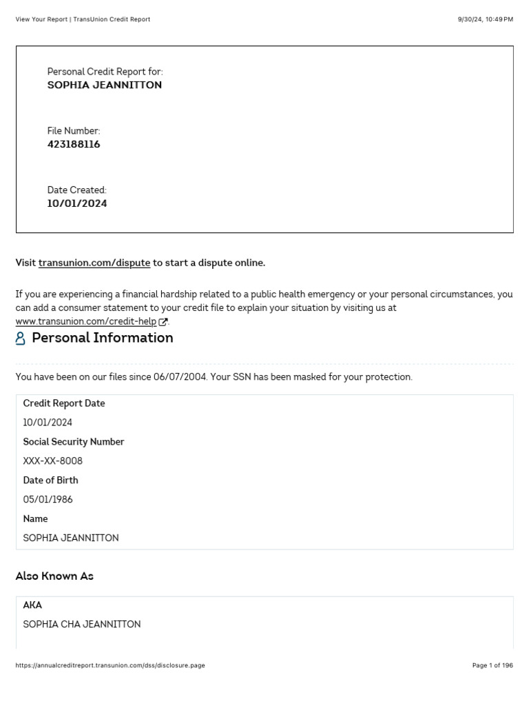 Transunion Credit Reeport Sophia Jeannitton | PDF | Loans | Foreclosure