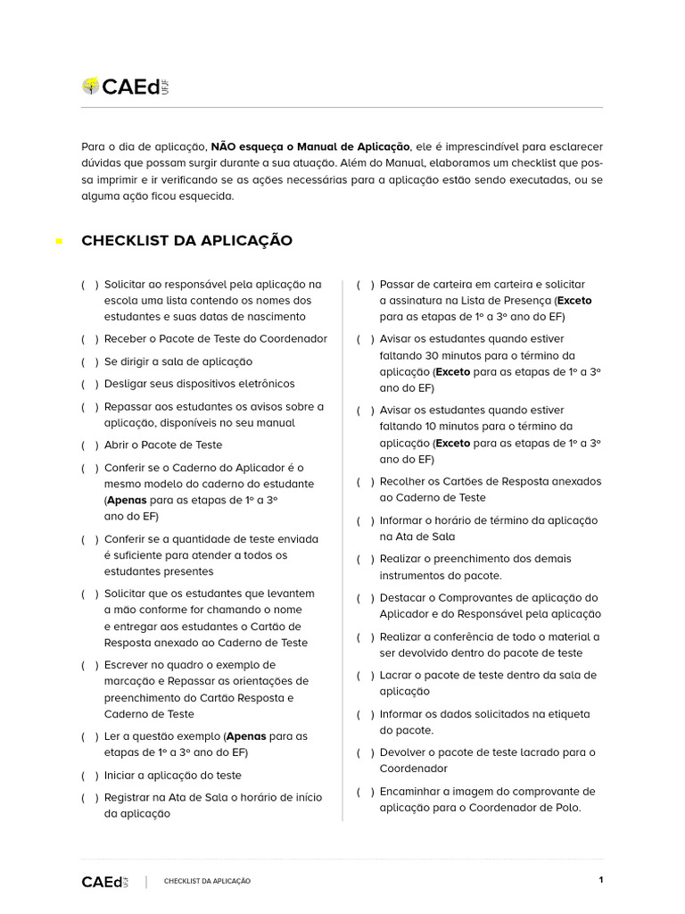 Checklist para Aplicação do CAED | PDF | Computadores