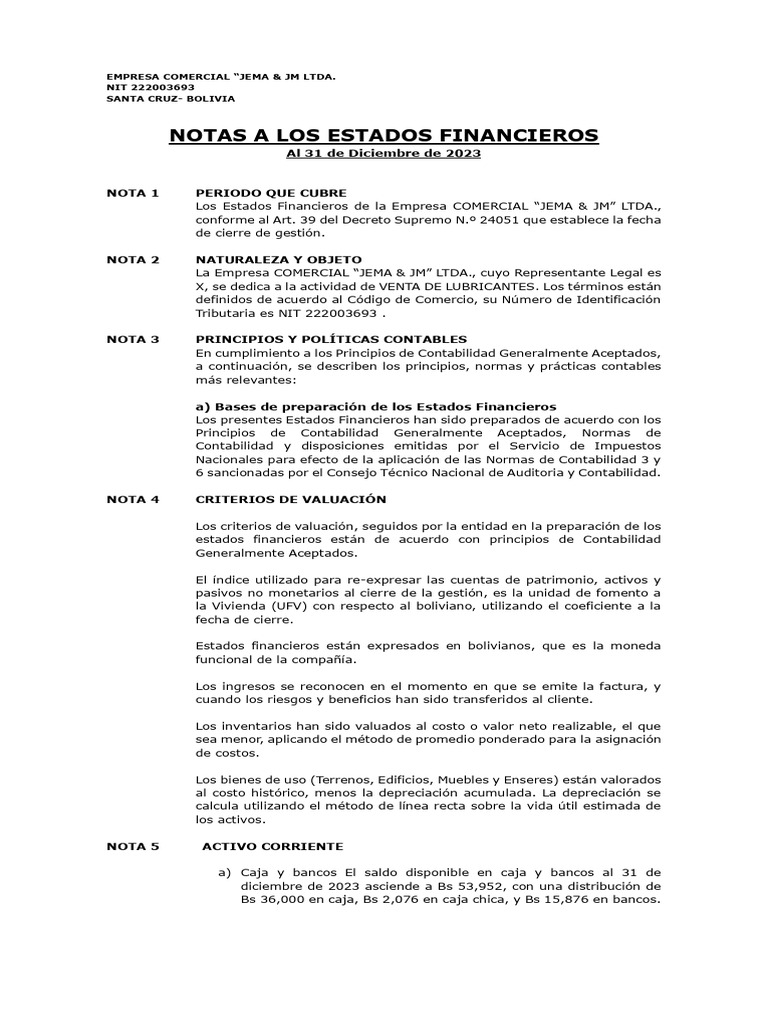 Notas Estados Financieros | PDF | Contabilidad | Depreciación