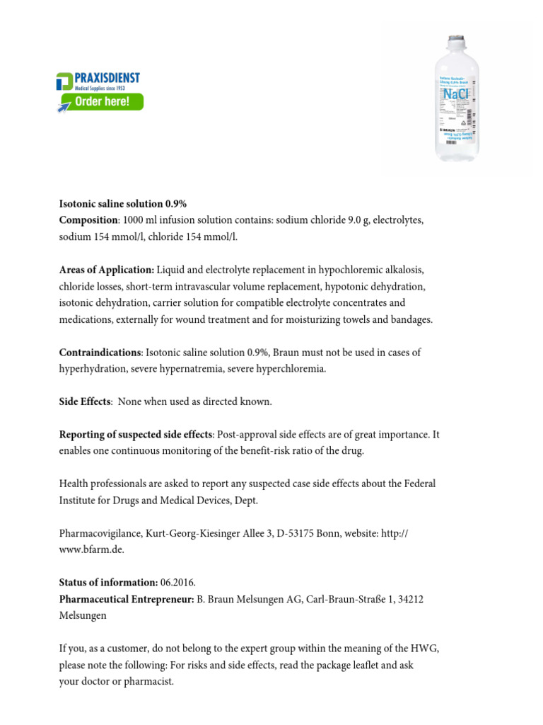 131321 Isotonic Saline Solution 0 9 b Braun Petzold Data Sheet | PDF